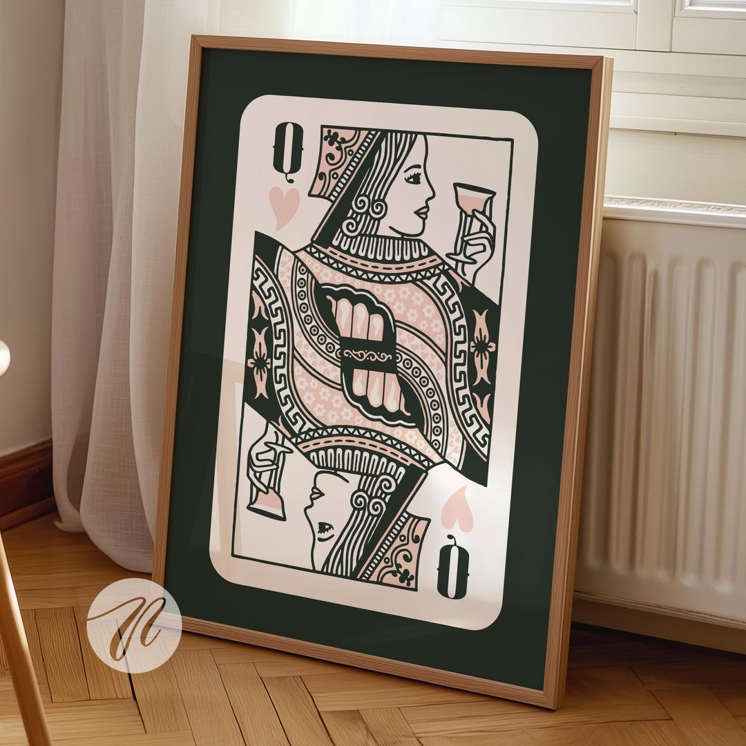 Queen of Hearts Playing Card Art Print, Sage Green Pink (digital ...