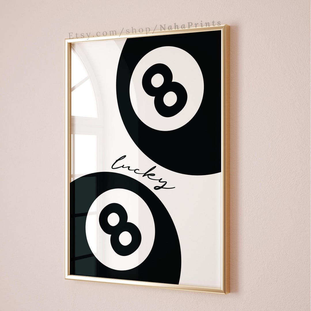 Lucky 8 Ball Print, Retro Lucky Girl Poster, Black Vintage Pool Ball ...