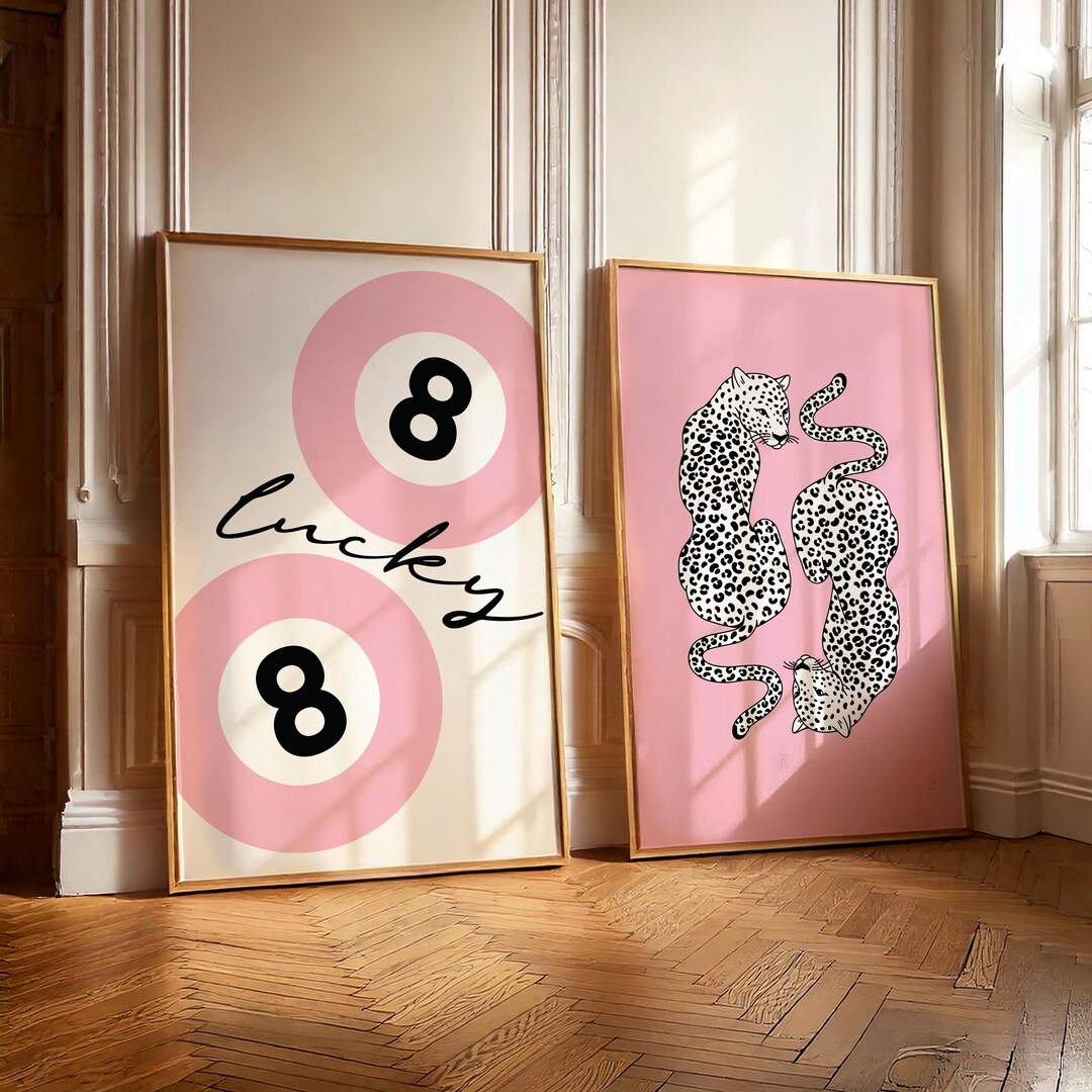 Light Pink Wall Art Set Retro 8 Ball Poster, Pink Cheetah Print ...