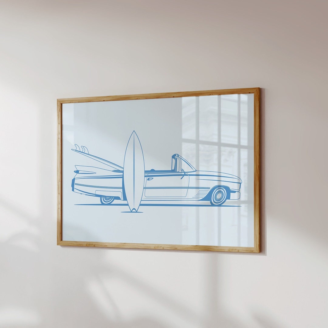 Coastal Retro Surf Car Print, Horizontal Light Blue Surfing Wall Art ...
