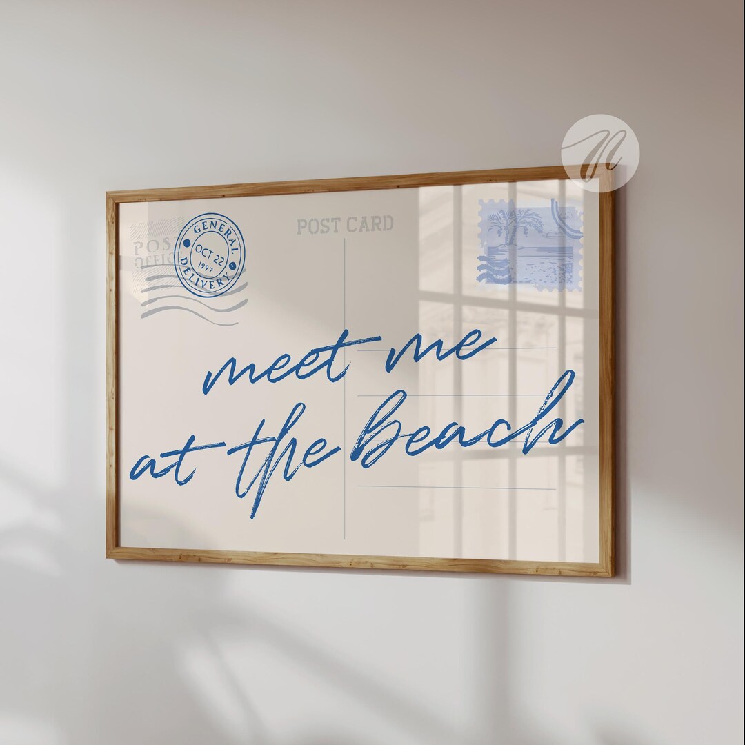 Meet Me at the Beach Post Card Print, Trendy Coastal Wall Art, Blue ...