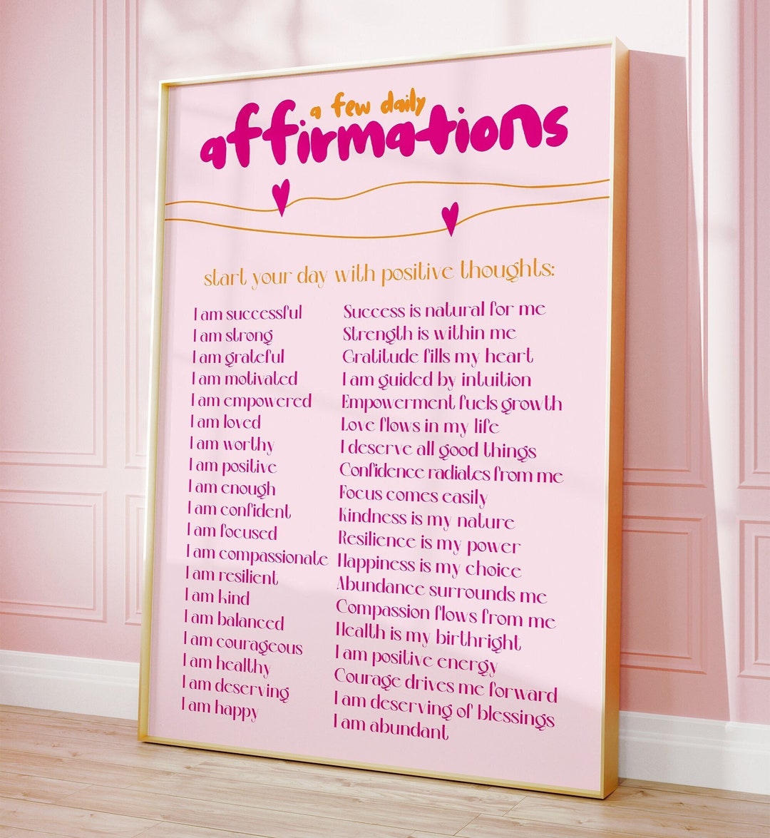Daily Affirmations Pink Wall Print, Preppy Y2k Dorm Room Decor, Trendy ...
