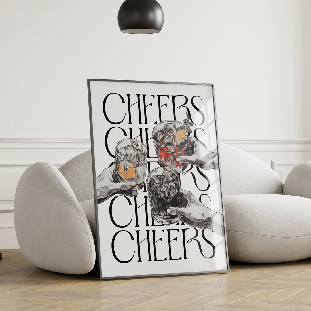 Cheers Print Bar Cart Decor Aesthetic, Abstract Neutral Black White ...