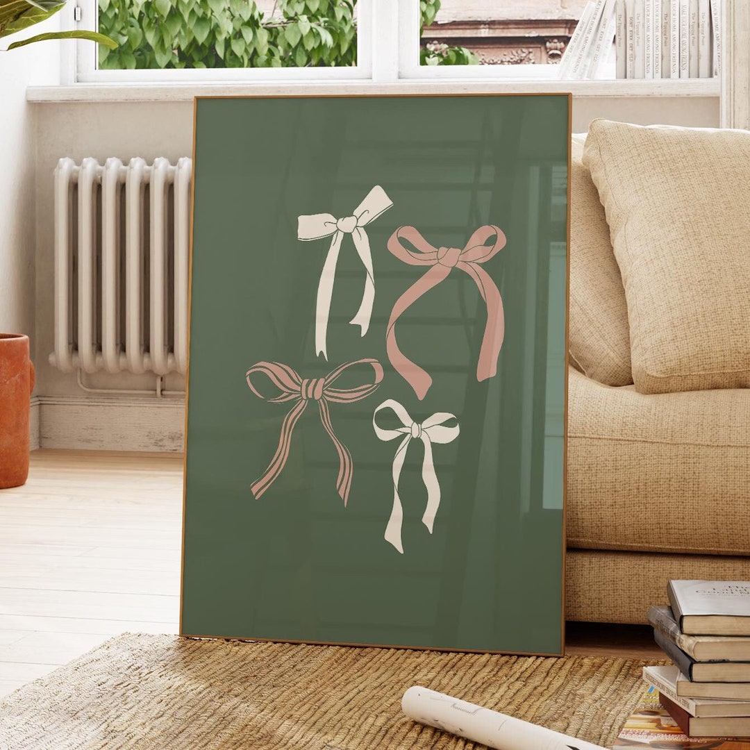 Pink and Sage Green Bows Print, Coquette Bows Decor, Preppy Bows Wall ...
