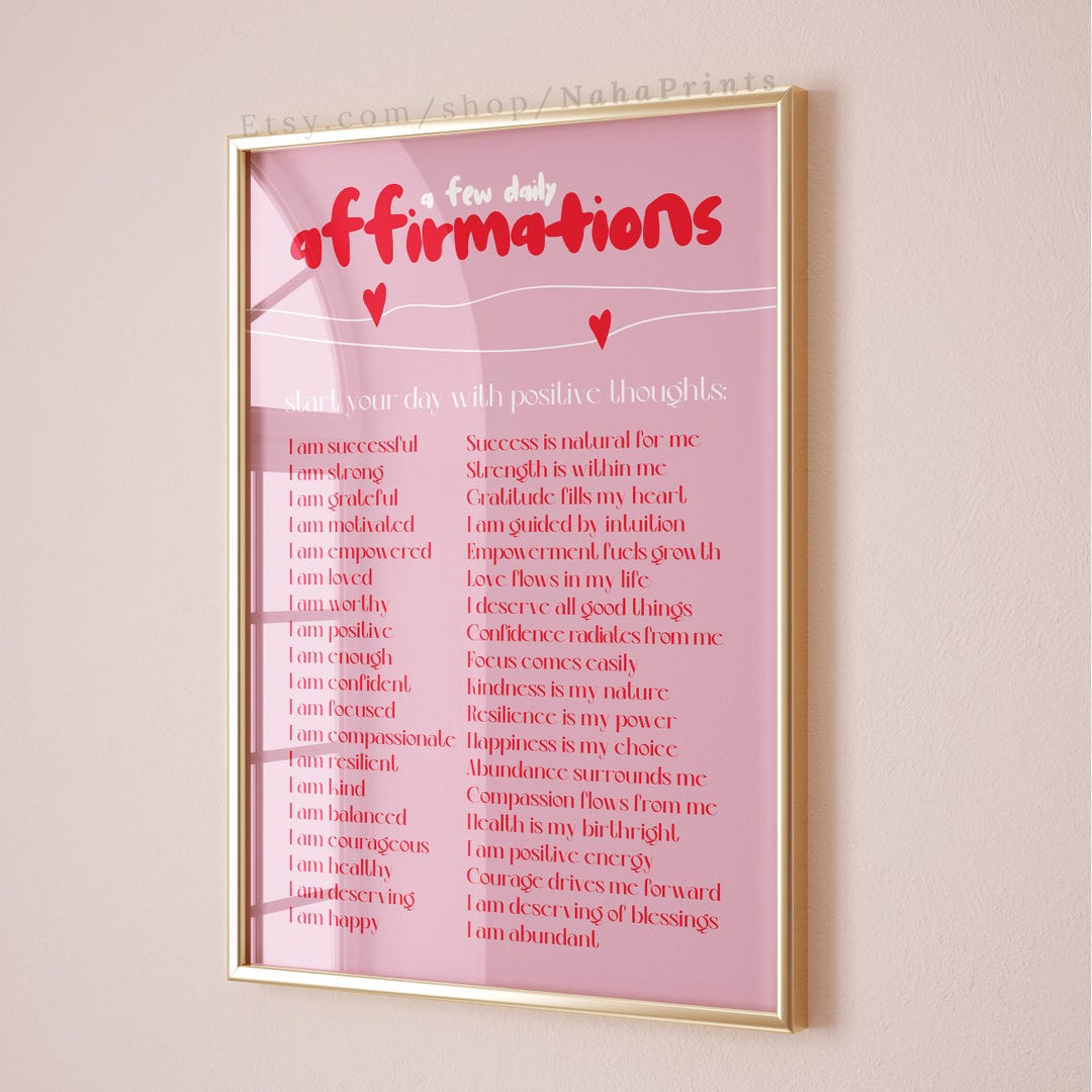 Daily Affirmations Pink Wall Print, Preppy Y2k Dorm Room Decor, Trendy ...