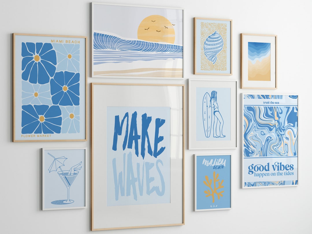 Blue Coastal Beachy Gallery Wall Art Print Set of 9 Light Blue Surf ...