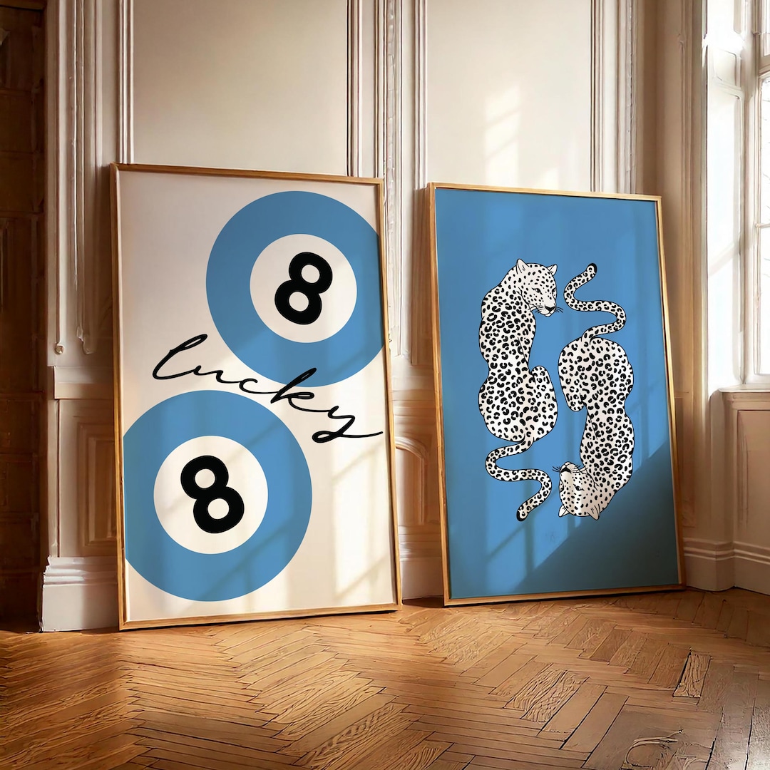 Light Blue Wall Art Set Retro 8 Ball Poster, Blue Cheetah Print ...