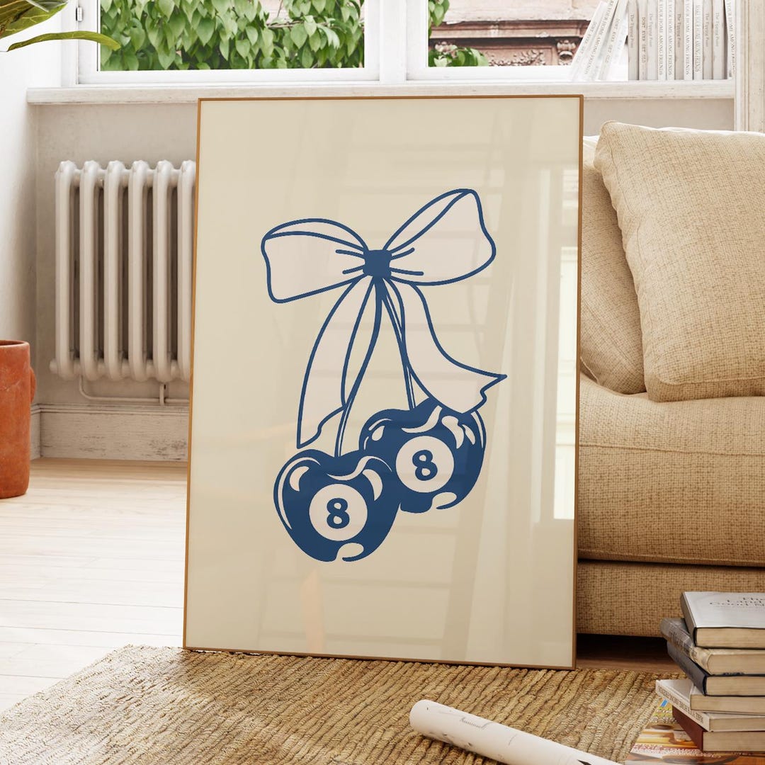 Blue 8 Ball Cherry Bow Poster, Hand Illustrated Bow Wall Art Prints ...