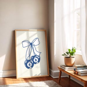 Blue 8 Ball Cherry Bow Poster, Hand Illustrated Bow Wall Art Prints ...