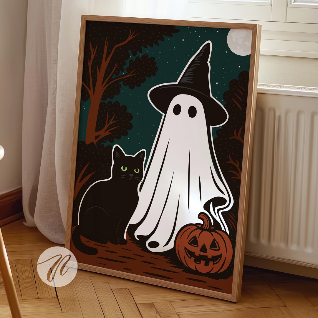 Halloween Ghost Poster, Black Cat Print, Retro Halloween Wall Art ...