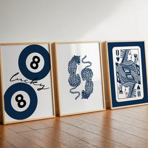 Navy Wall Art Set, Retro 8 Ball Poster, Blue Cheetah Print, Navy ...