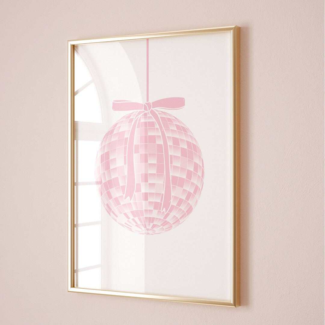 Pink Disco Ball Bow Print, Preppy Wall Art, Coquette Decor, Cute Mirror ...