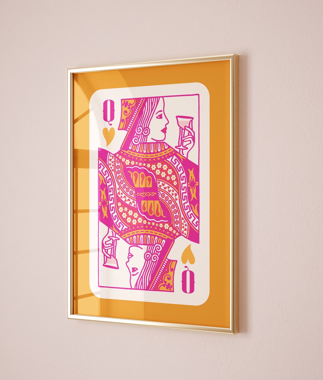 Queen of Hearts Playing Card Prints, Pink and Orange Wall Art, Preppy ...