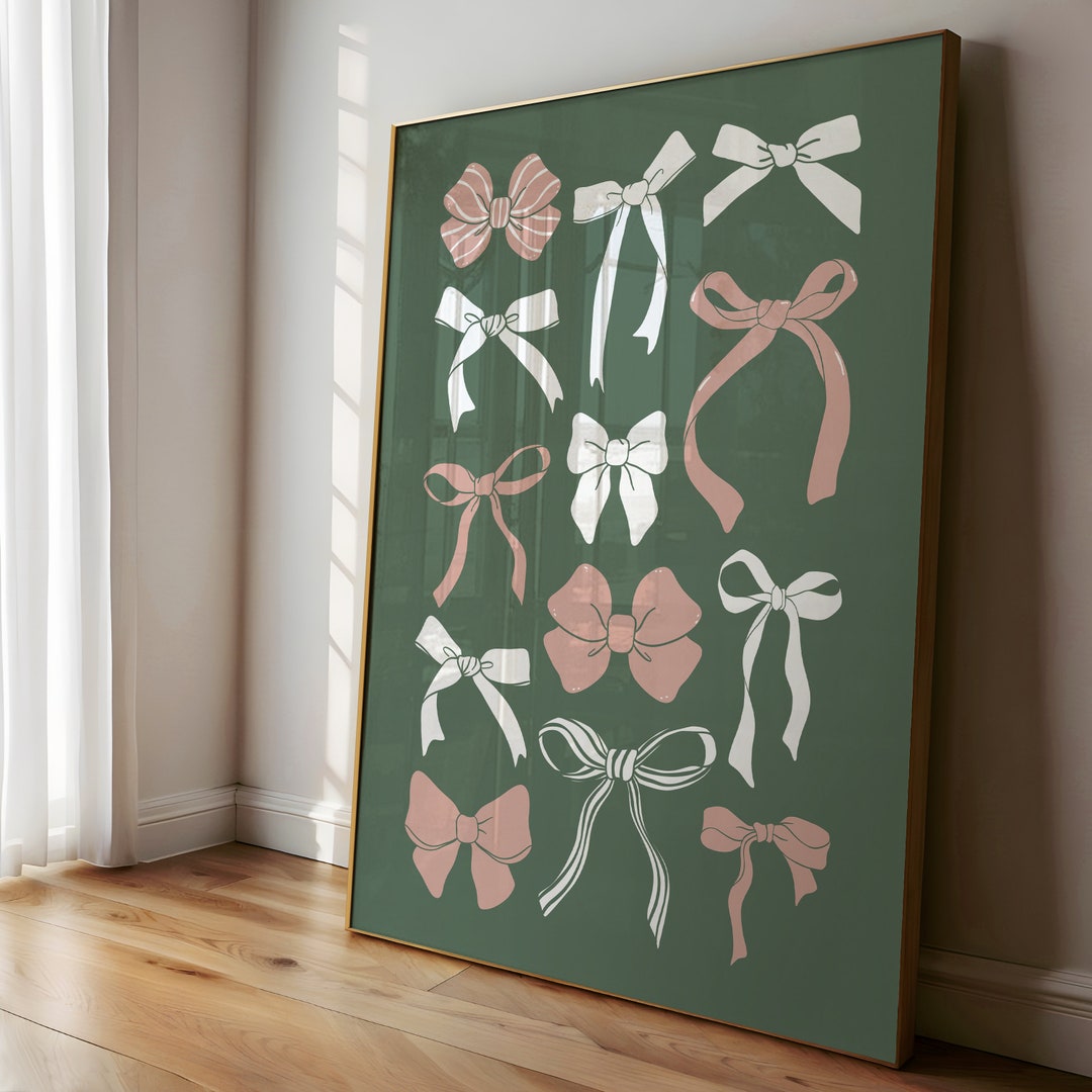 Pink and Sage Green Bows Print, Coquette Bows Decor, Preppy Bows Wall ...