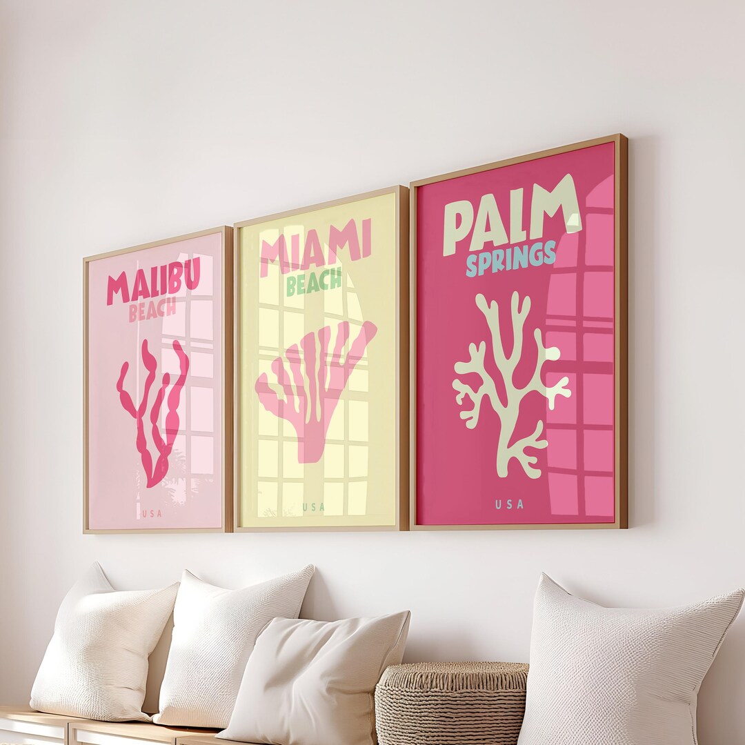 Coastal Wall Art Print Set of 3, Colorful Pastel Abstract Beach House ...