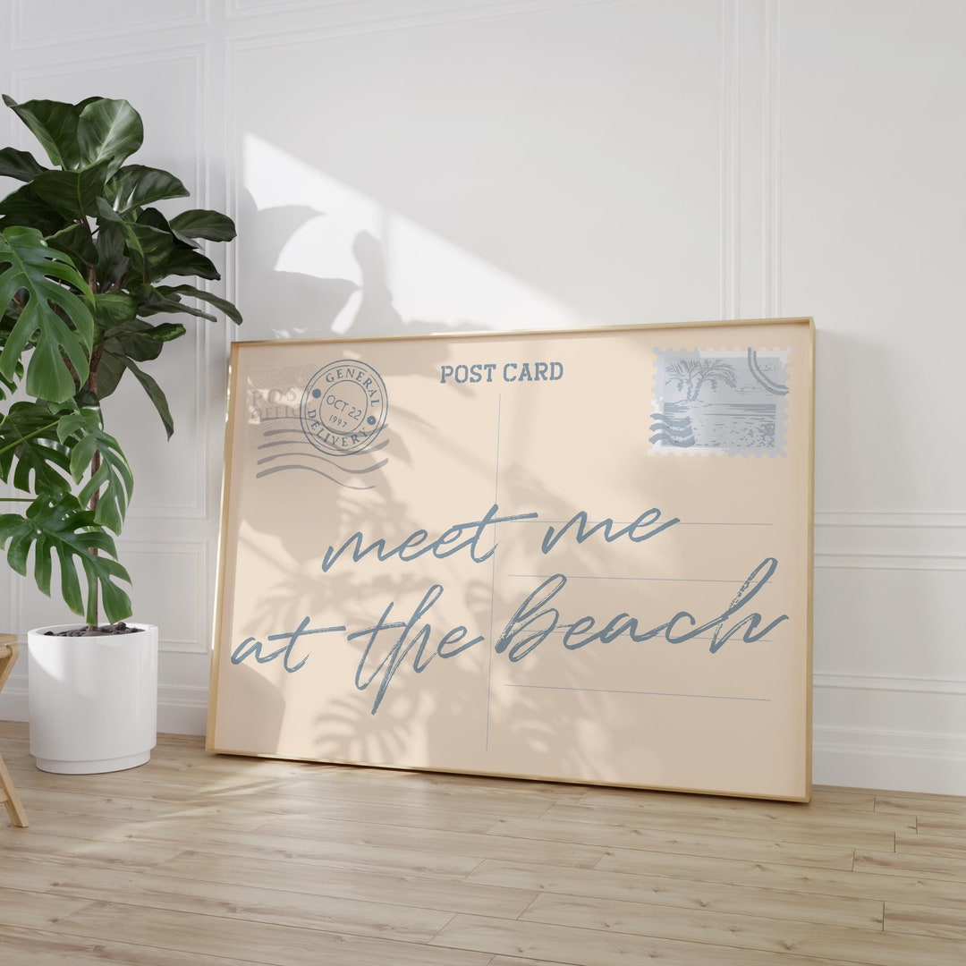 Meet Me at the Beach Post Card Print, Trendy Coastal Wall Art, Blue ...