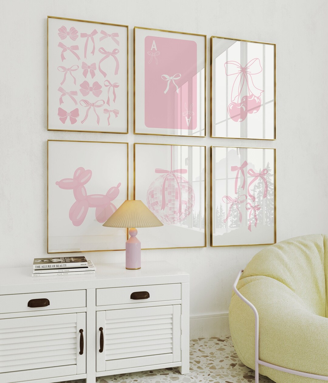 Trendy Pink Bows Wall Art Print Set of 6, Preppy Wall Art Coquette ...
