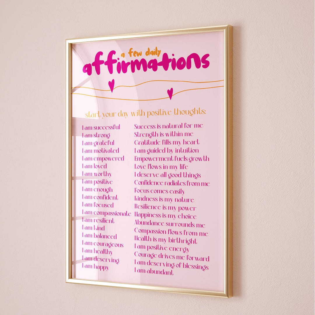 Daily Affirmations Pink Wall Print, Preppy Y2k Dorm Room Decor, Trendy ...