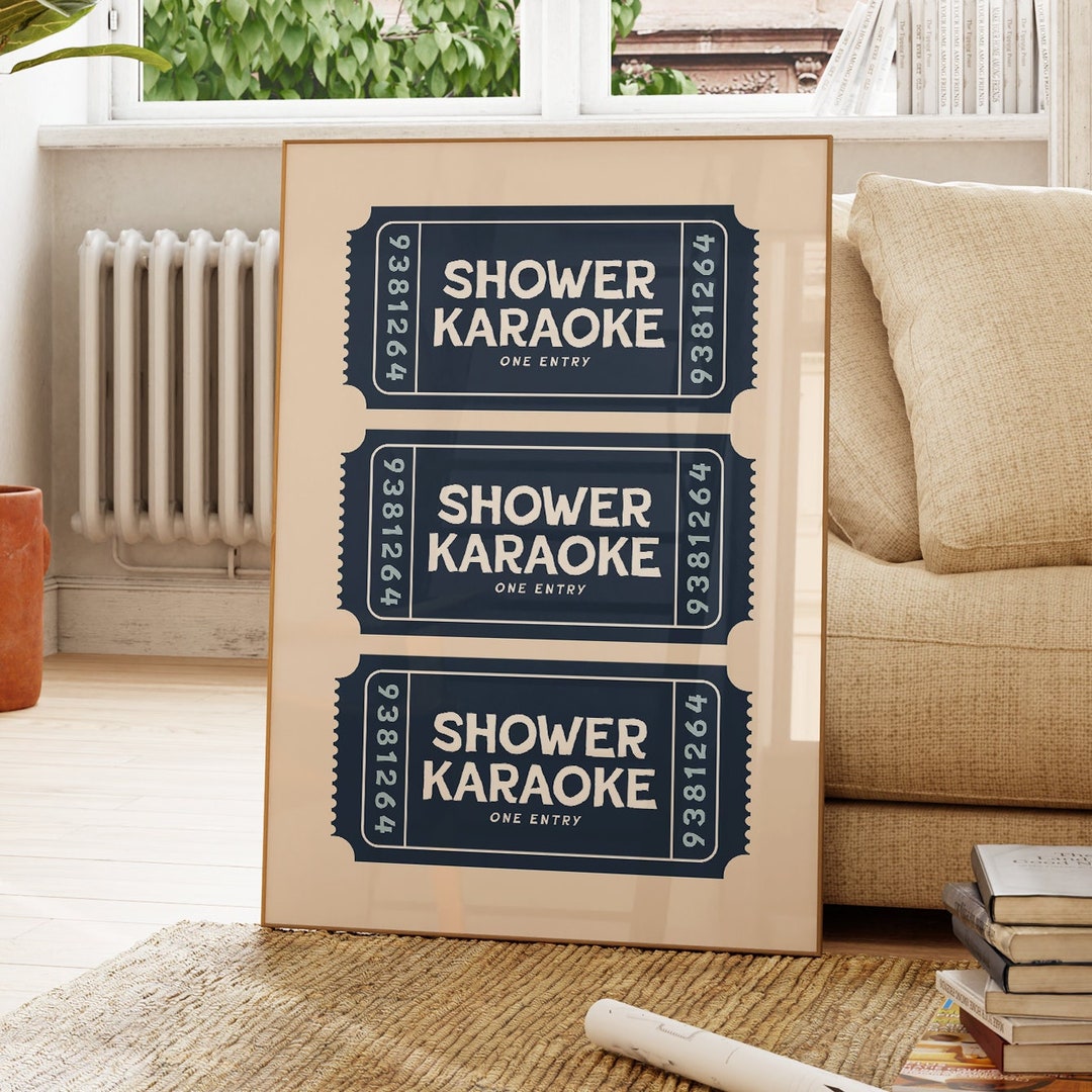 Shower Karaoke Ticket Print, Bathroom Decor Blue Cream Aesthetic ...