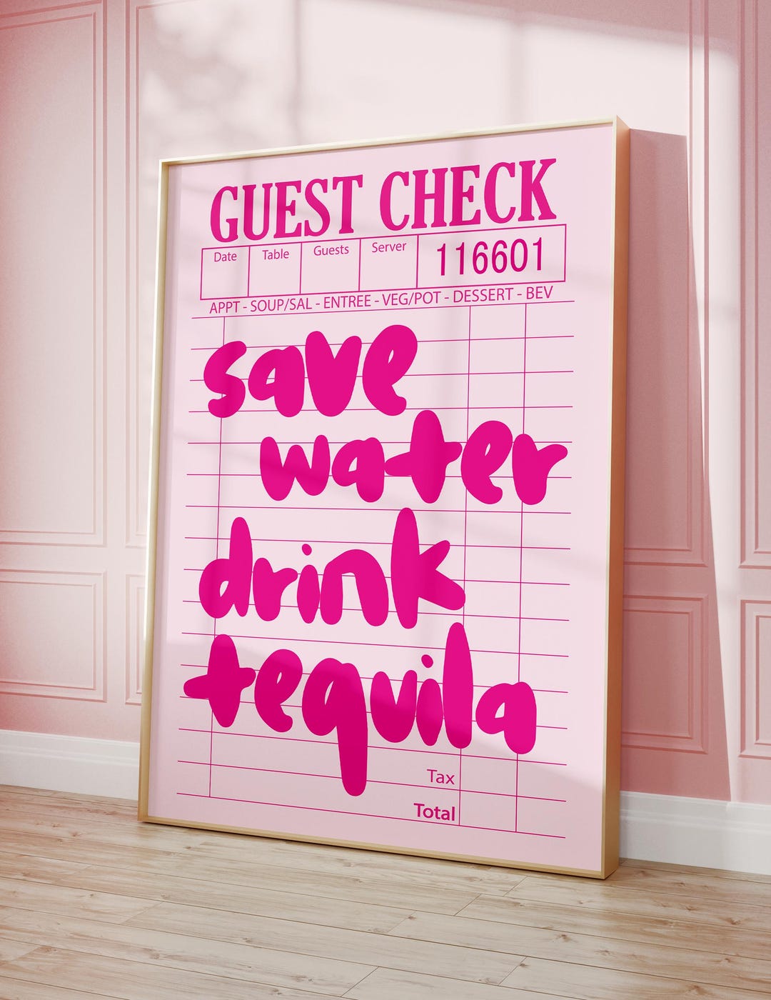 Save Water Drink Tequila Poster, Pink Guest Check Bar Cart Art Cocktail ...