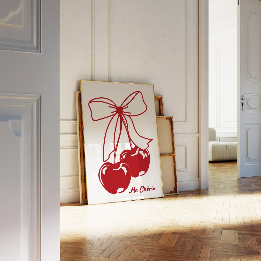 Ma Cherie Red Bow Cherry Poster Hand Illustrated Coquette Wall Art ...