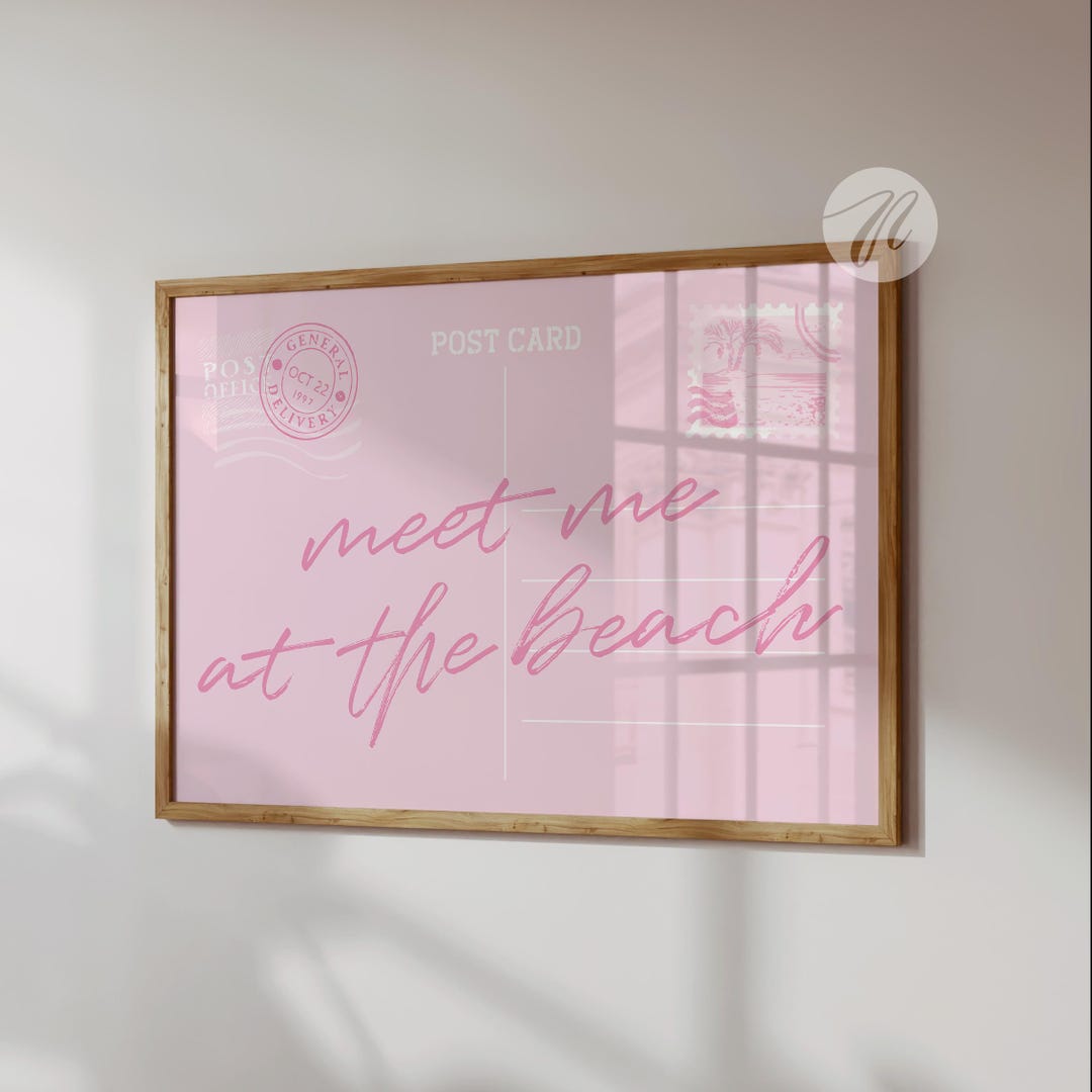 Meet Me at the Beach Post Card Print, Trendy Coastal Wall Art, Pink ...