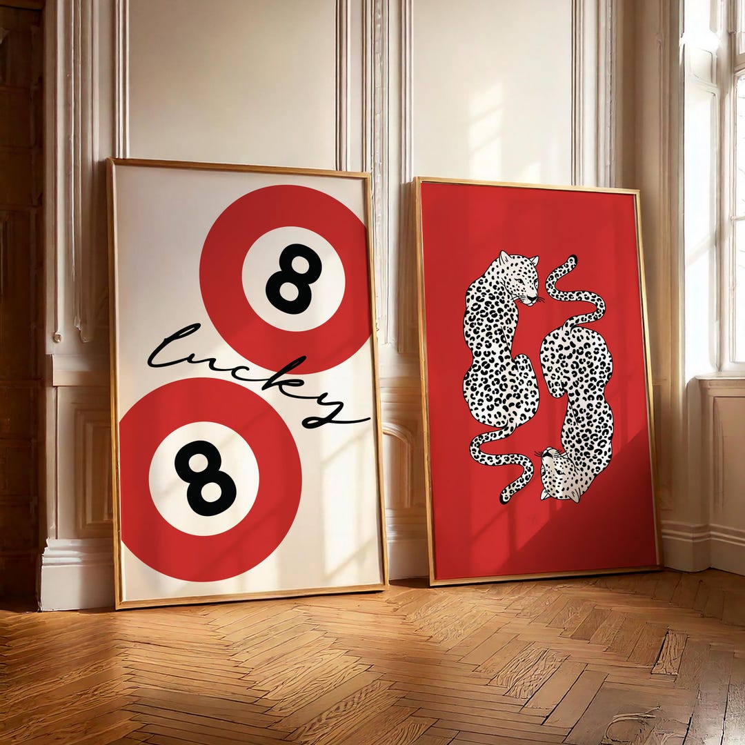 Red Wall Art Set, Retro 8 Ball Poster, Red Cheetah Print, Red Vintage ...