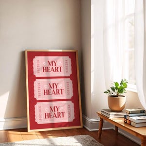 My Heart Ticket Print, Red Valentines Day Decor, Cute Trendy Valentines ...