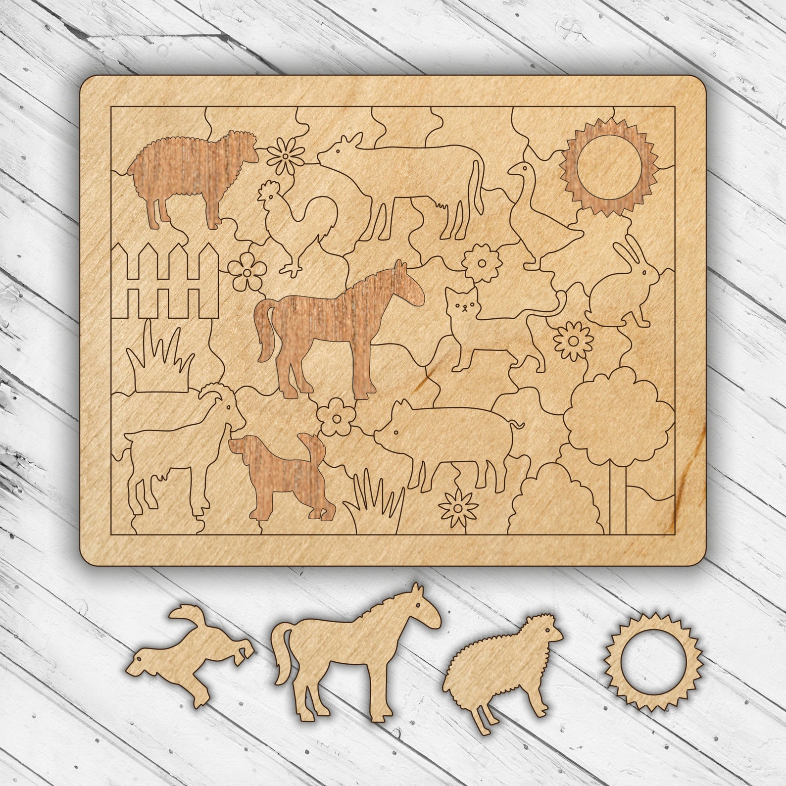 Wooden Farm Animals Educational Toy Jigsaw Laser Cut Dxf - Etsy