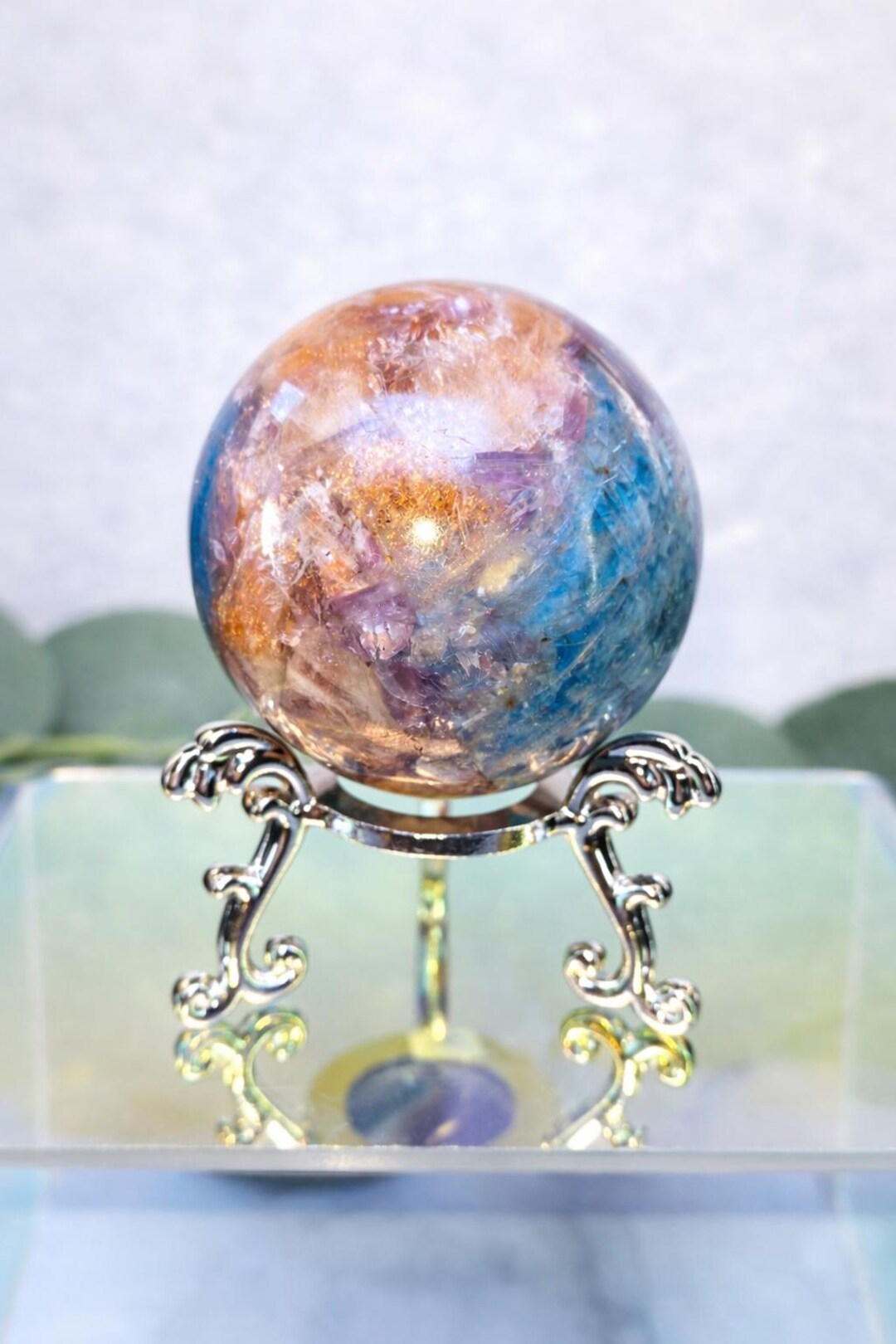 Rare Sphere: Arusha Sunstone Lepidolite Blue Apatite Sphere, High Flash ...