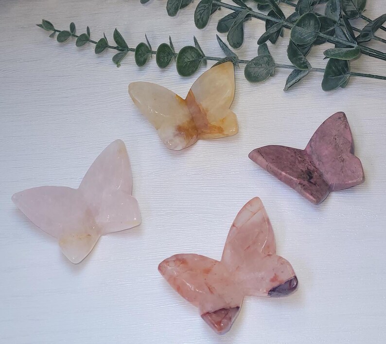 Hand Carved Gemstone Butterfly: Crystal Decor, Fire Quartz, Rose Quartz ...