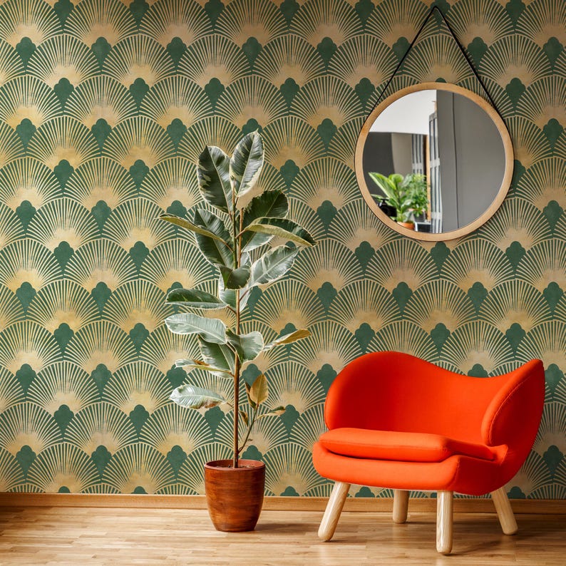 Art Deco Peel and Stick Wallpaper, Green Gold Arcs (removable) - Etsy