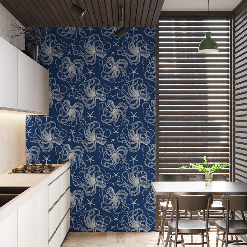 Peel and Stick Wallpaper: Nautical Blue Octopus - PVC Free, Splash ...