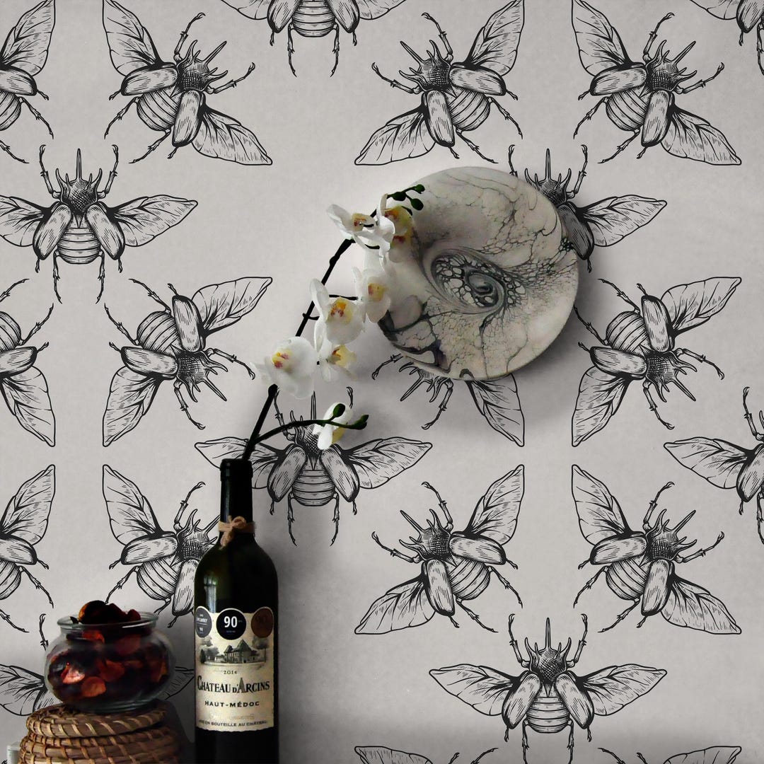 Bug Themed Wallpaper: Gray Beetle Design - Peel & Stick, Removable - Etsy