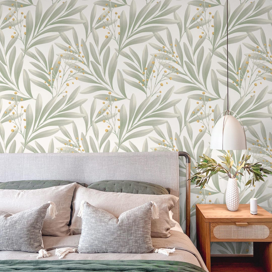 Boho Floral Wallpaper: Sage Green Leaves Pattern (peel and Stick ...