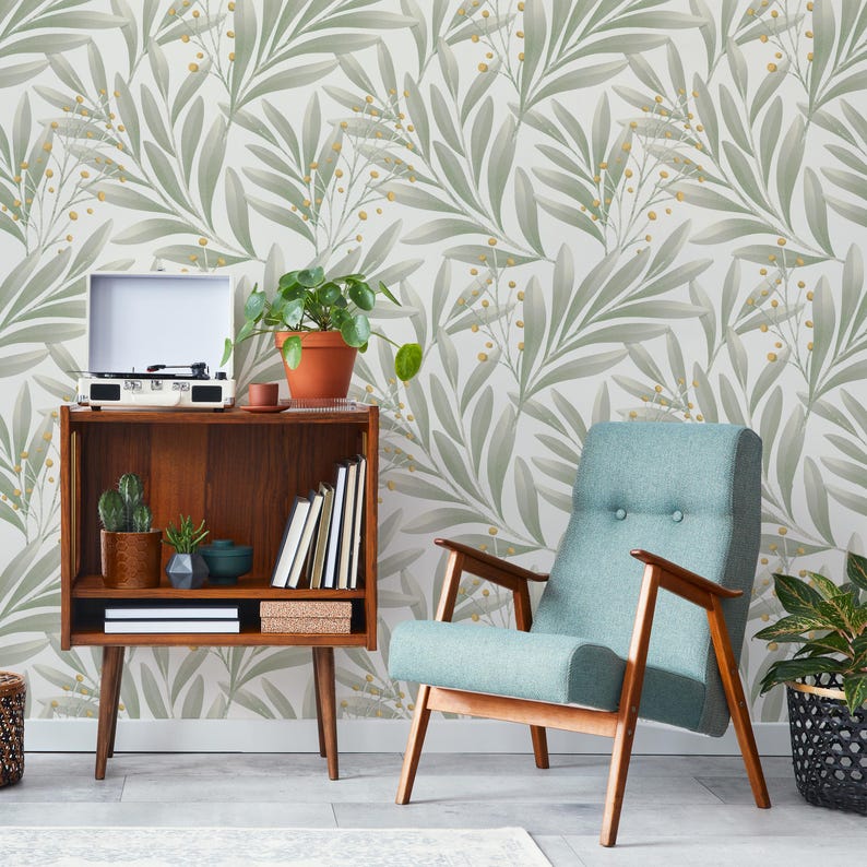 Boho Floral Wallpaper: Sage Green Leaves Pattern (peel and Stick ...