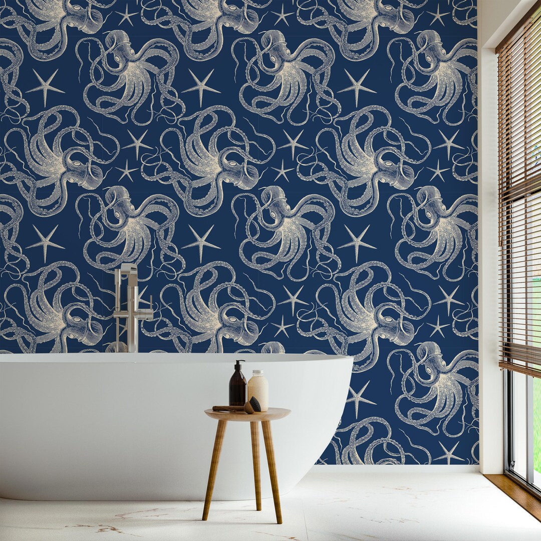 Peel and Stick Wallpaper: Nautical Blue Octopus - PVC Free, Splash ...