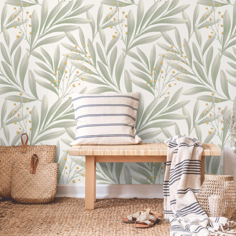Boho Floral Wallpaper: Sage Green Leaves Pattern (peel and Stick ...