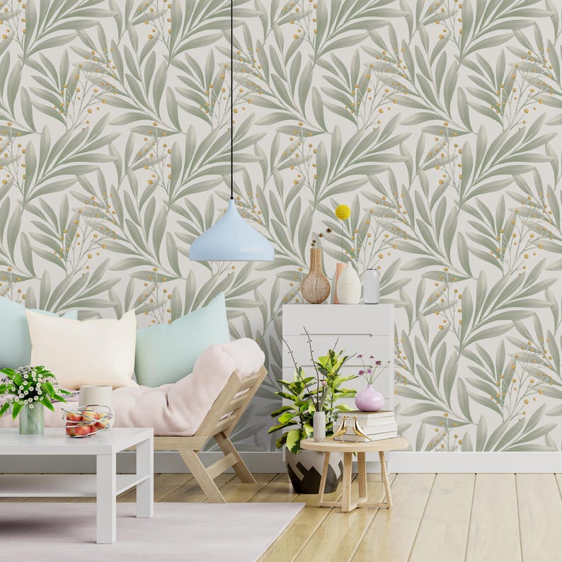 Boho Floral Wallpaper: Sage Green Leaves Pattern (peel and Stick ...