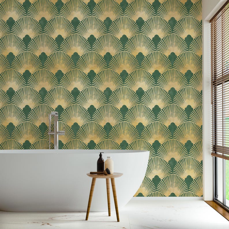 Art Deco Peel and Stick Wallpaper, Green Gold Arcs (removable) - Etsy