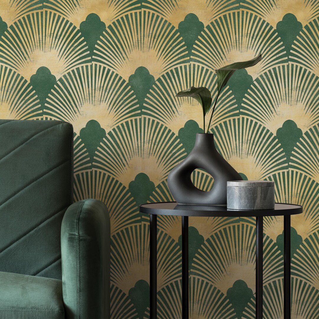 Art Deco Peel and Stick Wallpaper, Green Gold Arcs (removable) - Etsy