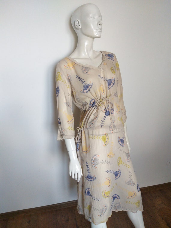 GUDRUN SJODEN beige floral linen dress size L - Gem