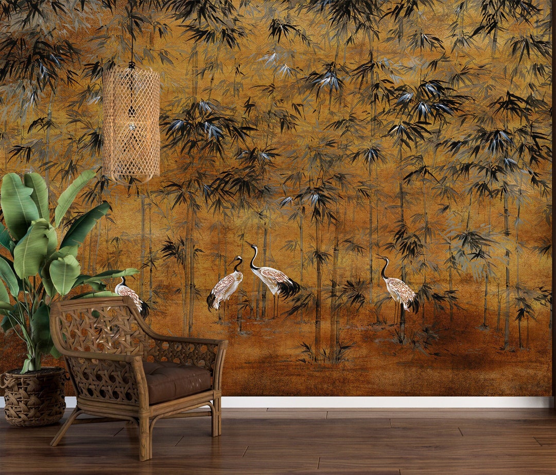 Chinoiserie Crane Flower Wall Mural - Vintage Peel and Stick Wallpaper ...