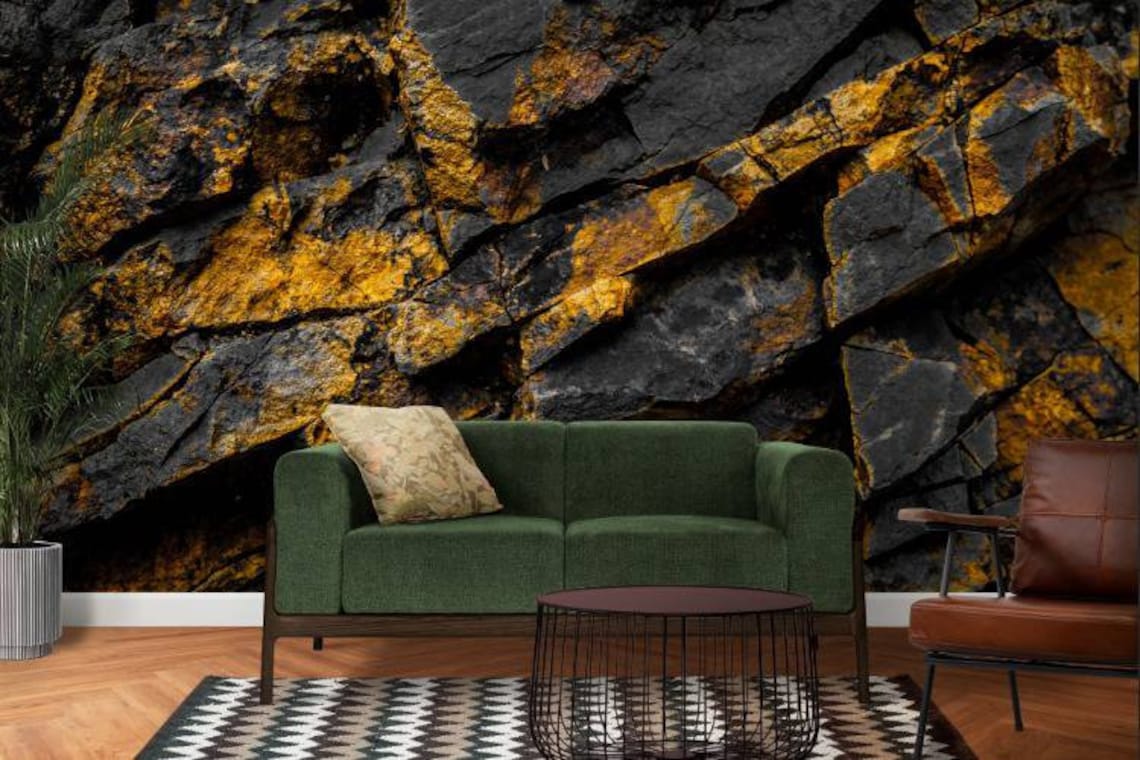 Stone Black Rock Background With Gold Colored Rocks Digital | Etsy