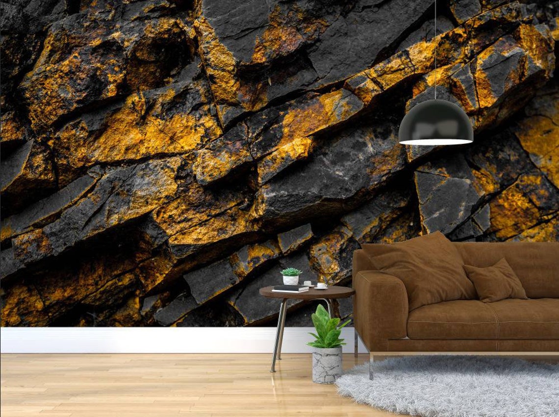 Stone Black Rock Background With Gold Colored Rocks Digital | Etsy