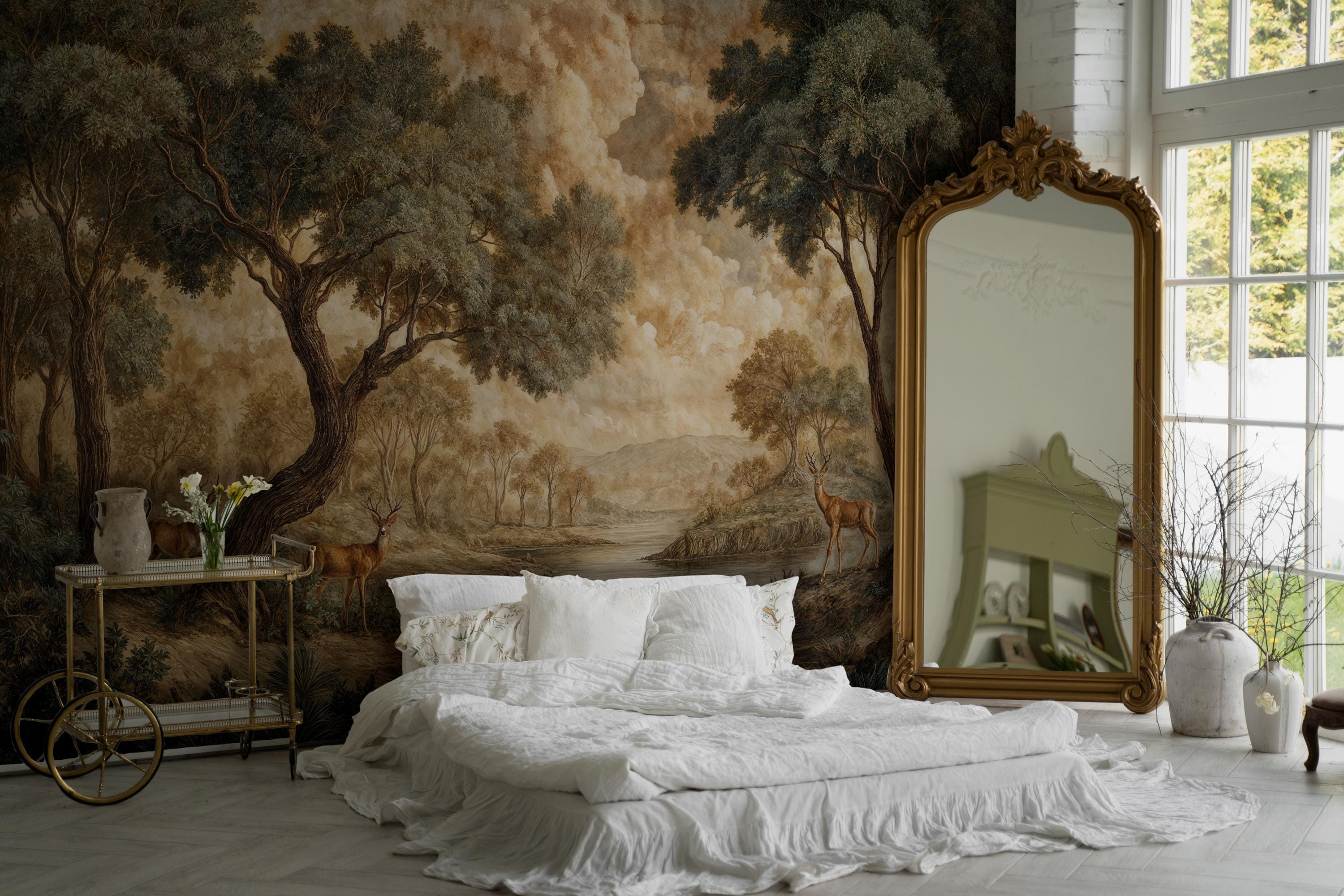 Vintage Forest Wallpaper Mural: Deer, Trees, Rustic Scenic Peel and ...