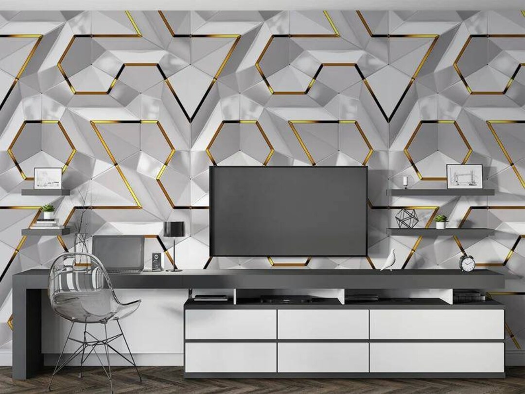 Gold Decor 3D White Panels. Shaded and Glossy Geometric Modules ...