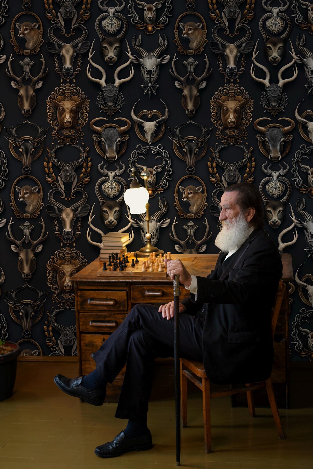 Gothic Antler Trophy Wallpaper: Dark Lodge Peel and Stick Mural - Etsy