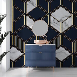 3D Illustration Gold and Navy Blue Cube Patterns Wallpaper - Etsy