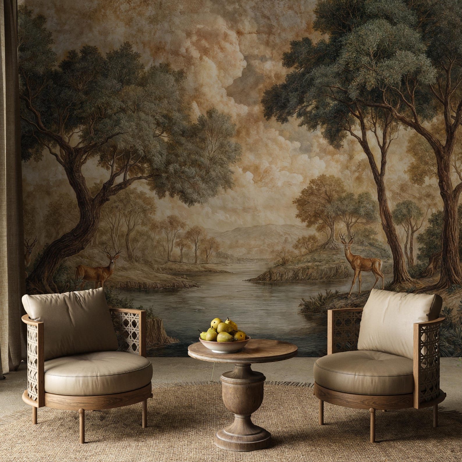 Vintage Forest Wallpaper Mural: Deer, Trees, Rustic Scenic Peel and ...